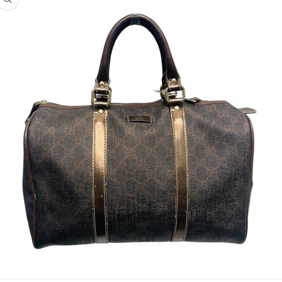 Gucci | Bags | Gucci Vintage Mini Boston Monogram Dark Brown Metallic Bronze Canvas And Leather ...